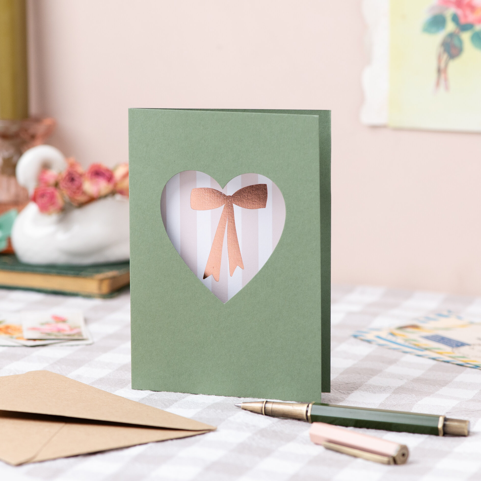 Rose Gold Foil Bow Green Heart Cut Out Card - Oh Squirrel