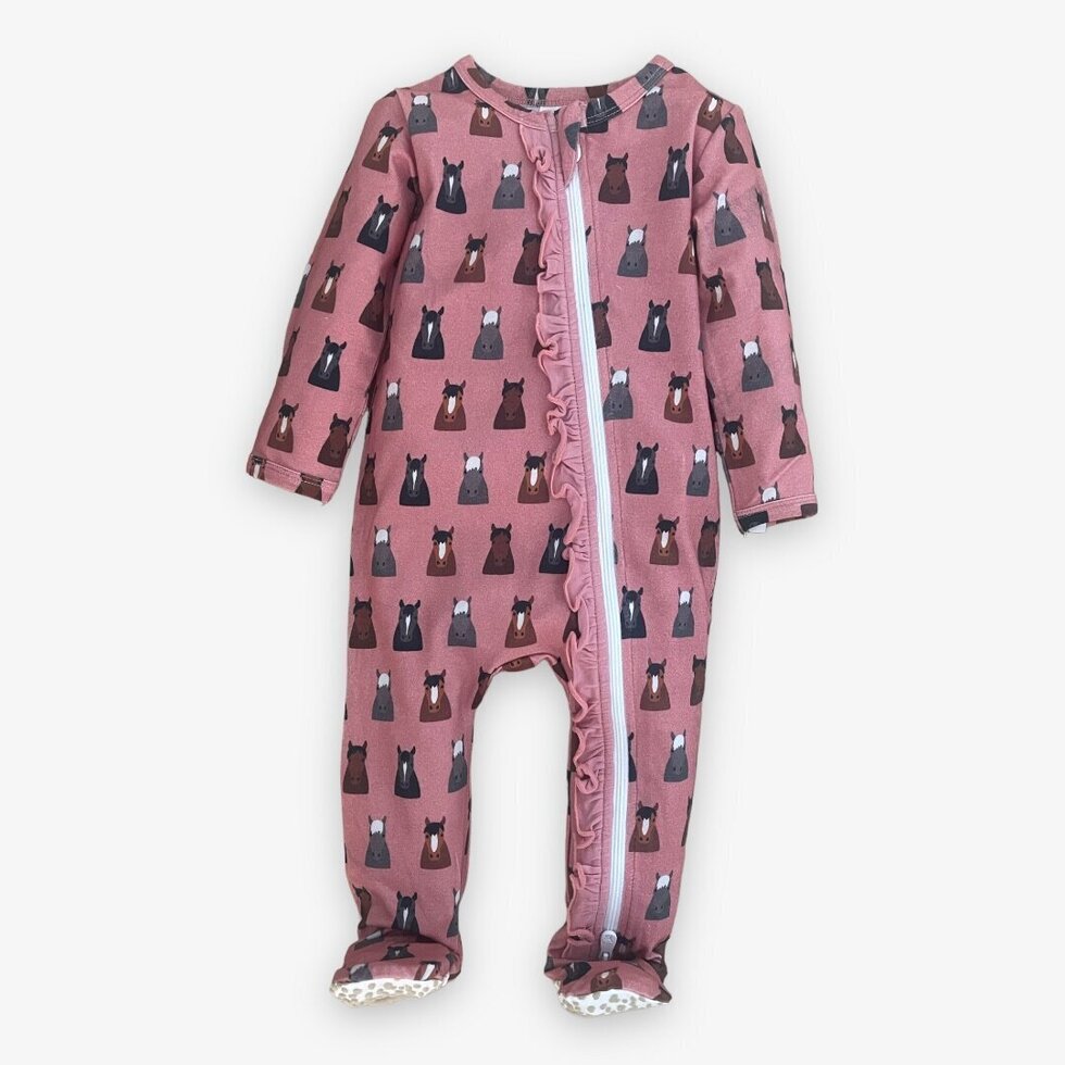 modal zipper pajama || wild horses (pink with ruffle) - Velvet Fawn